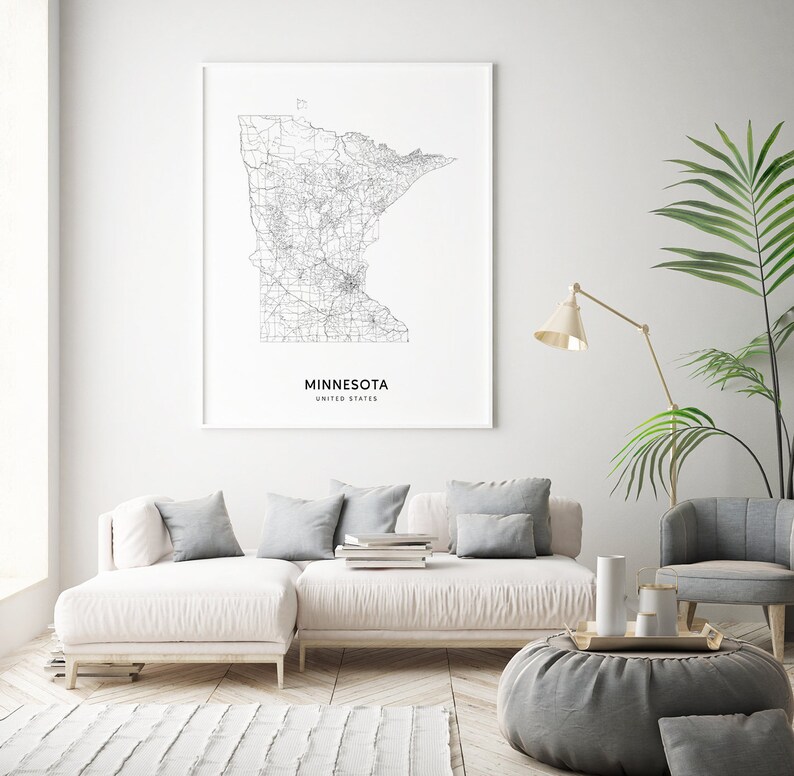 Minnesota Map Print, State Road Map Print, MN USA United States Map Art ...