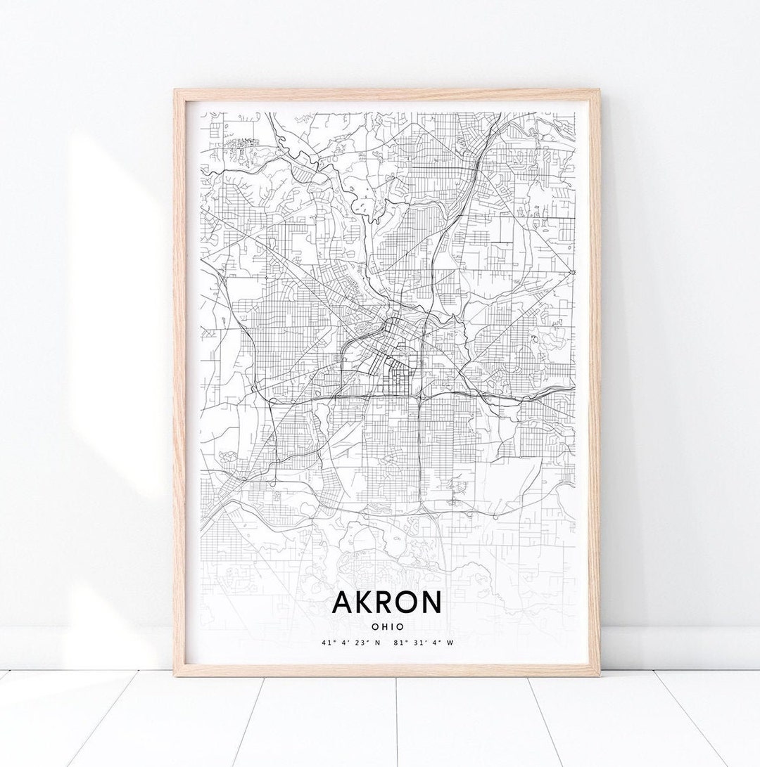 Akron Map Print, Akron Ohio USA Map Art Poster, City Street Road Map ...