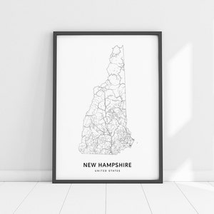 New Hampshire Map Print, State Road Map Art, New Hampshire USA United ...
