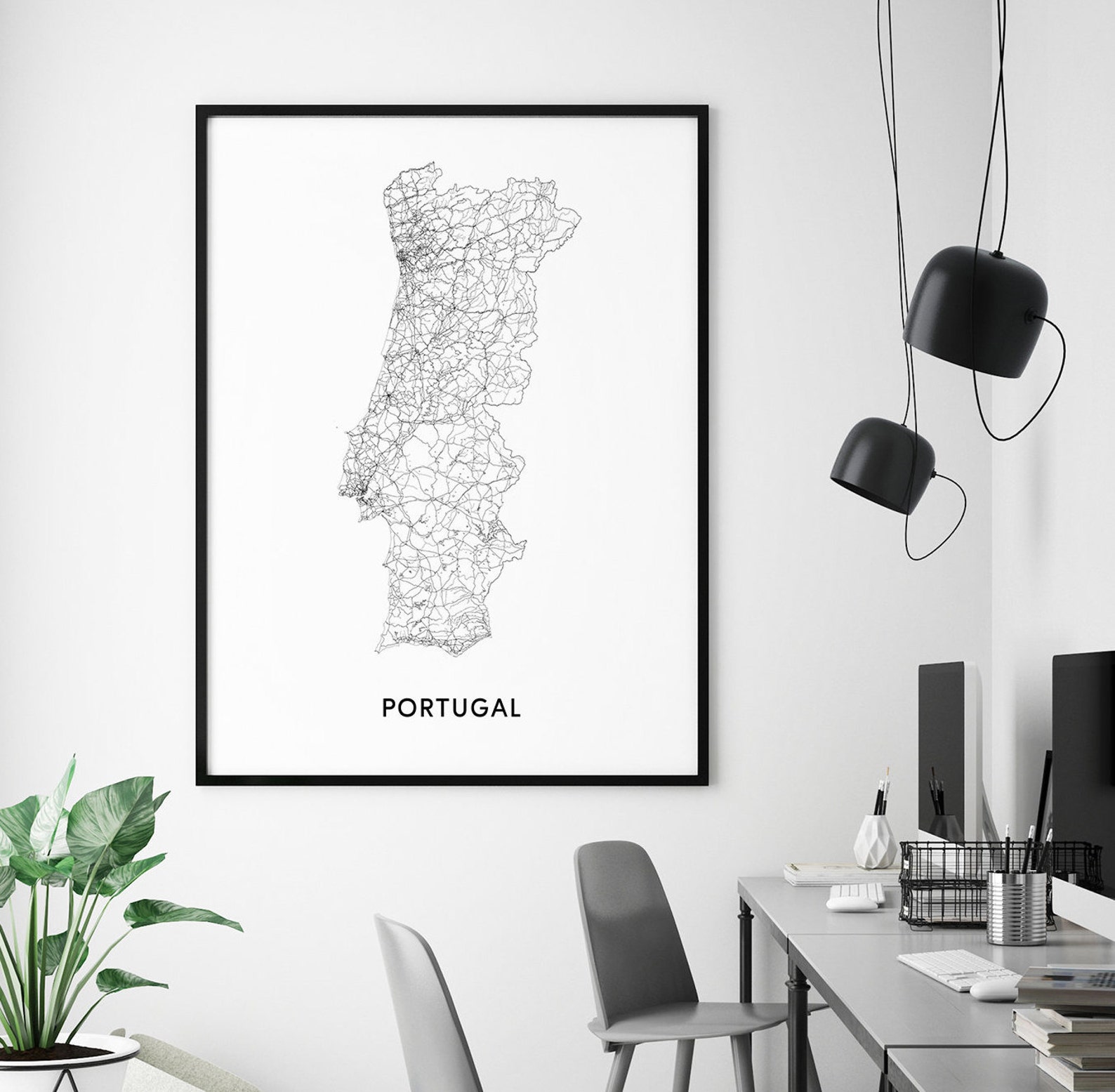 Portugal Map Print, Portugal Map Art Poster, Country Map Art, Black and ...