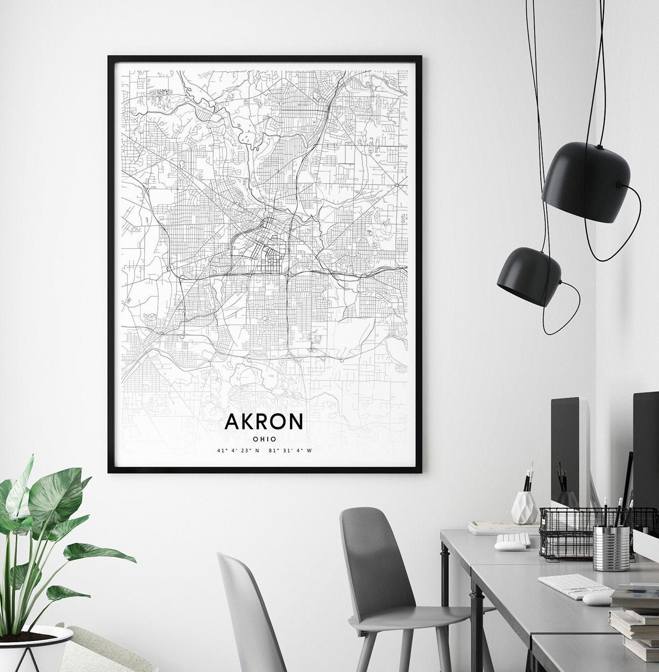 Akron Map Print, Akron Ohio USA Map Art Poster, City Street Road Map ...