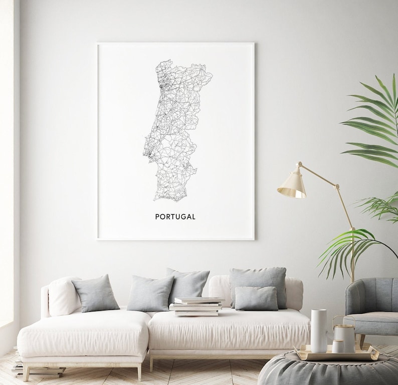 Portugal Map Print, Portugal Map Art Poster, Country Map Art, Black and ...