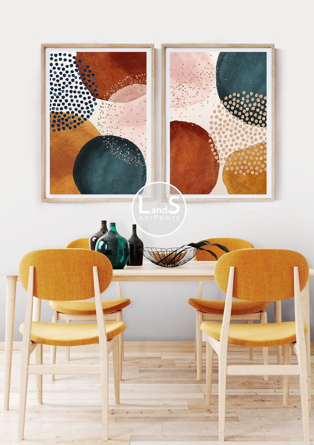 Abstract Wall Art Prints Set of 2, Terracotta Print, Blush Pink & Gold ...