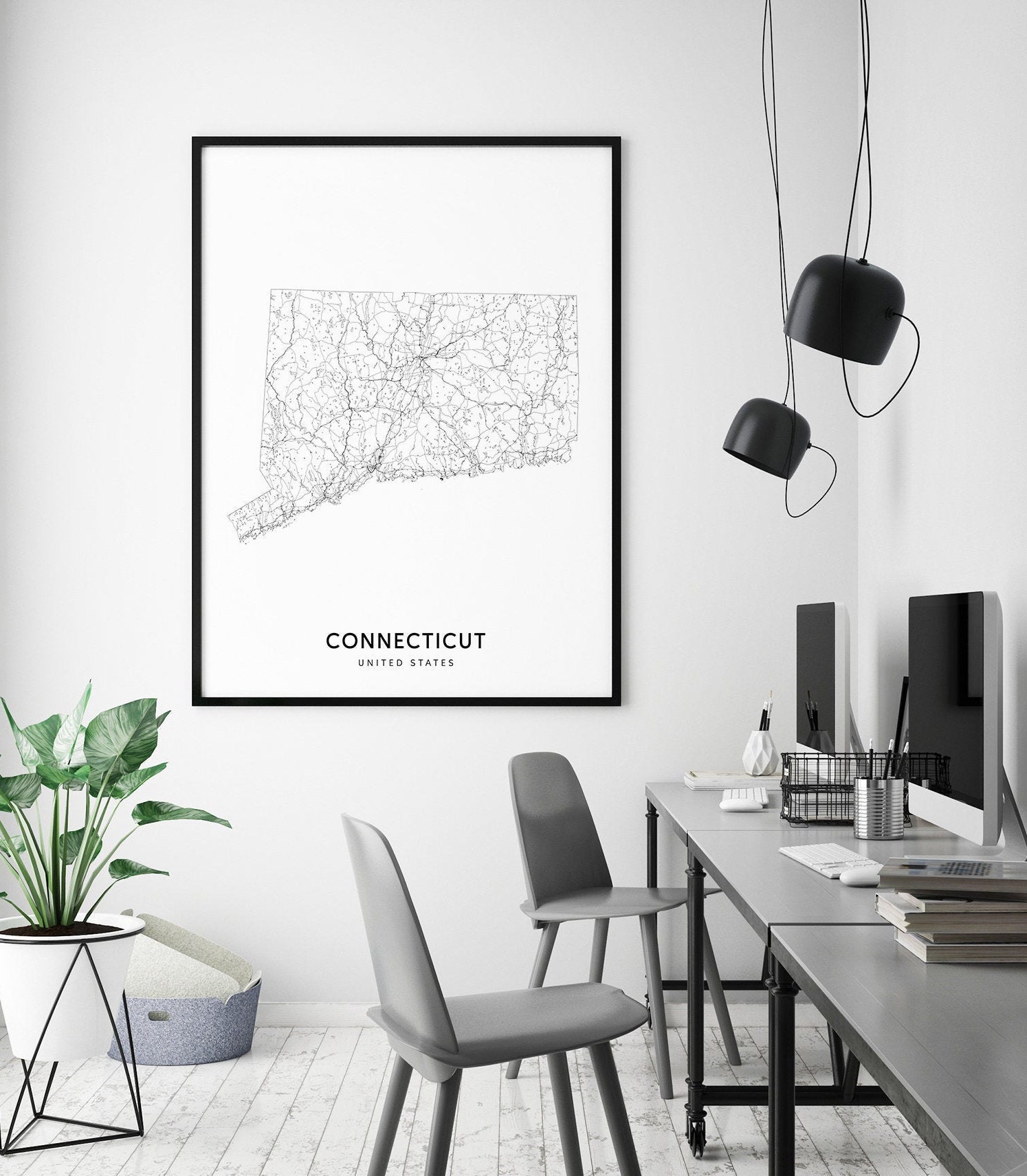 Connecticut Map Print, State Road Map Art, Connecticut USA United ...