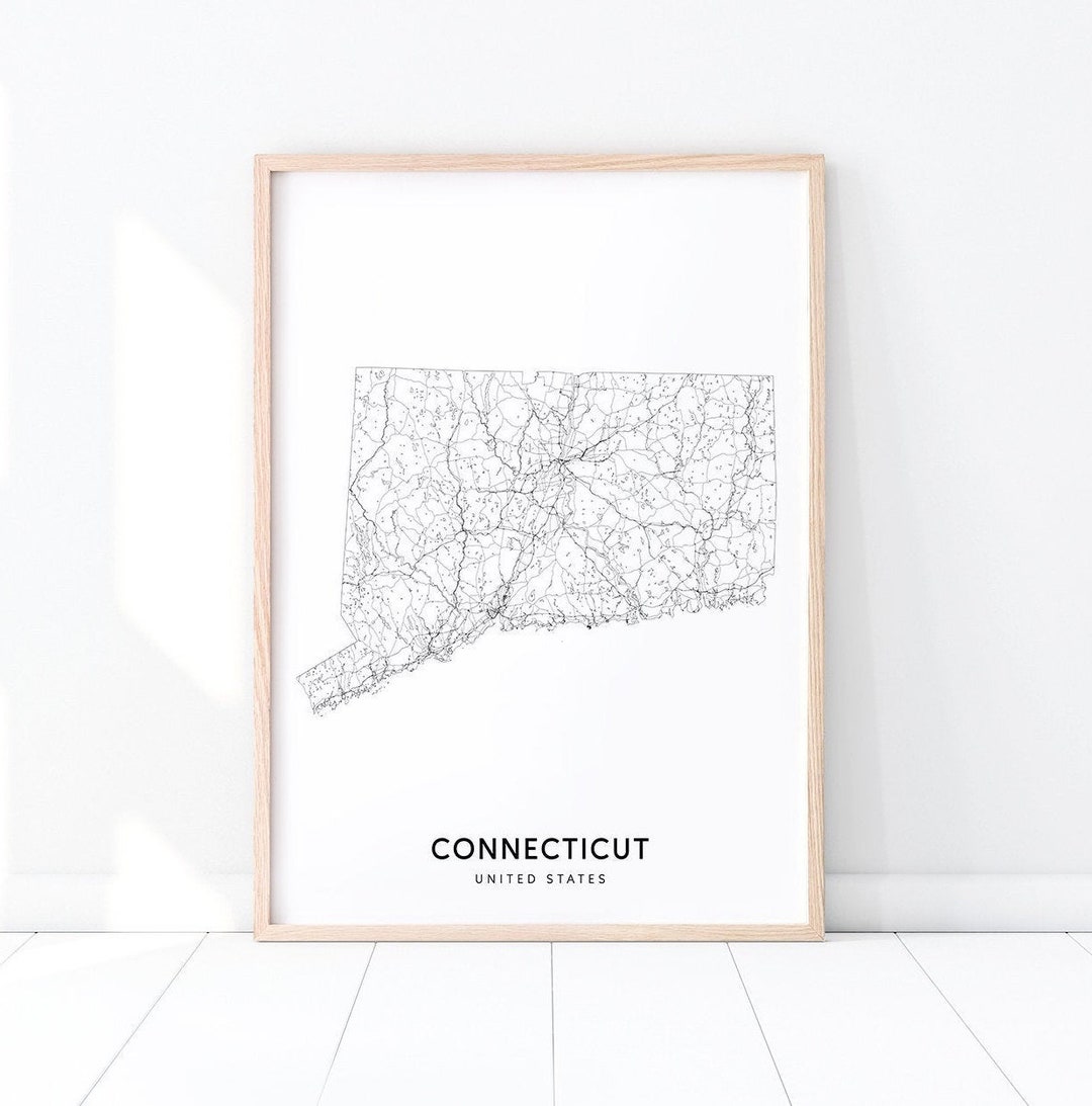 Connecticut Map Print, State Road Map Art, Connecticut USA United ...