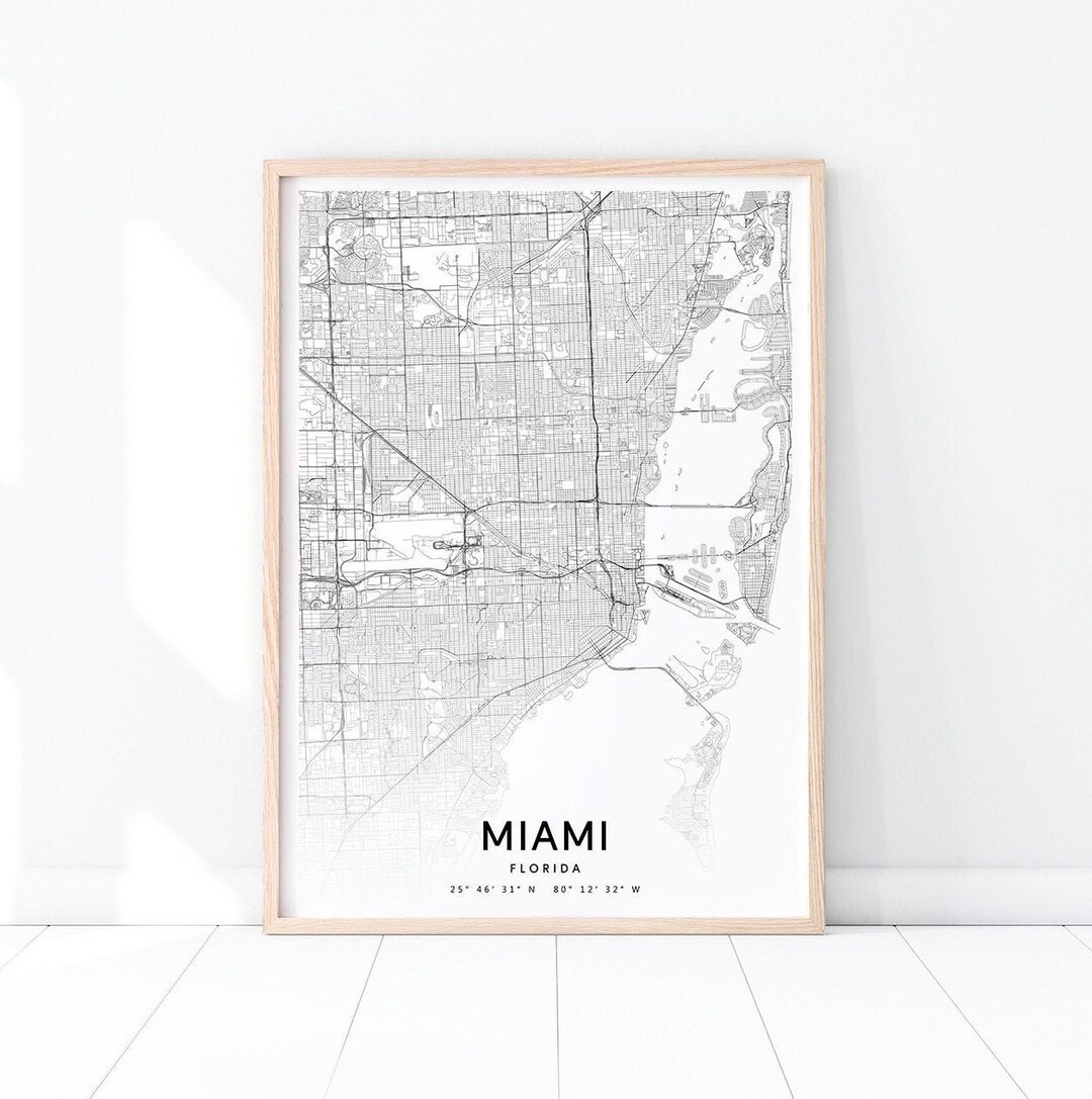 Miami Map Print, Miami Florida USA Map Art Poster, City Street Road Map ...