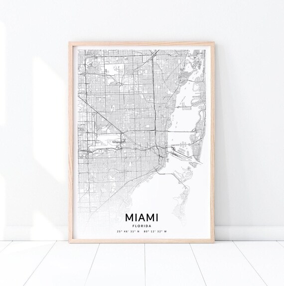 Miami Mapa Imprimir Miami Florida Usa Mapa Arte Cartel City | Etsy