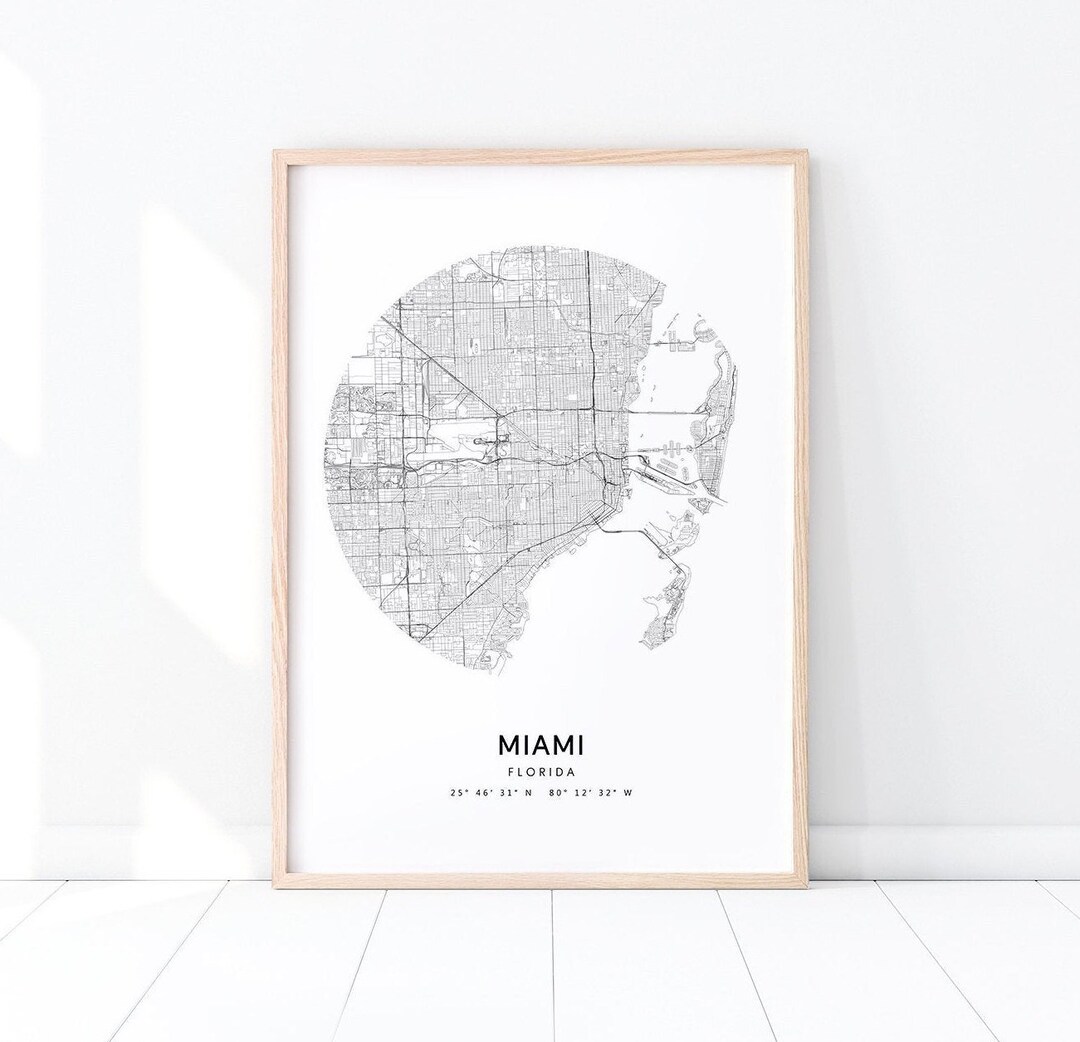 Miami Map Print, Miami Florida USA Map Art Poster, City Street Road Map ...