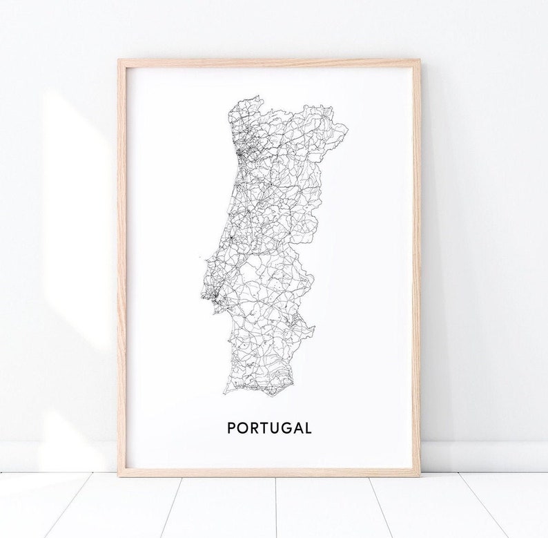 Portugal Map Print, Portugal Map Art Poster, Country Map Art, Black and ...