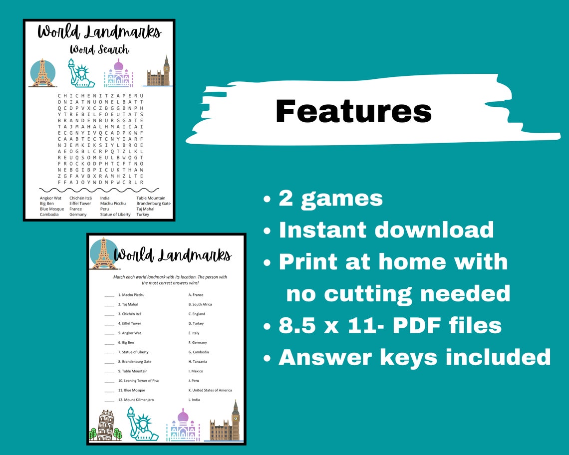 World Landmarks Printable Bundle | Word Search | Matching Game | Around ...