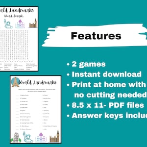 World Landmarks Printable Bundle | Word Search | Matching Game | Around ...