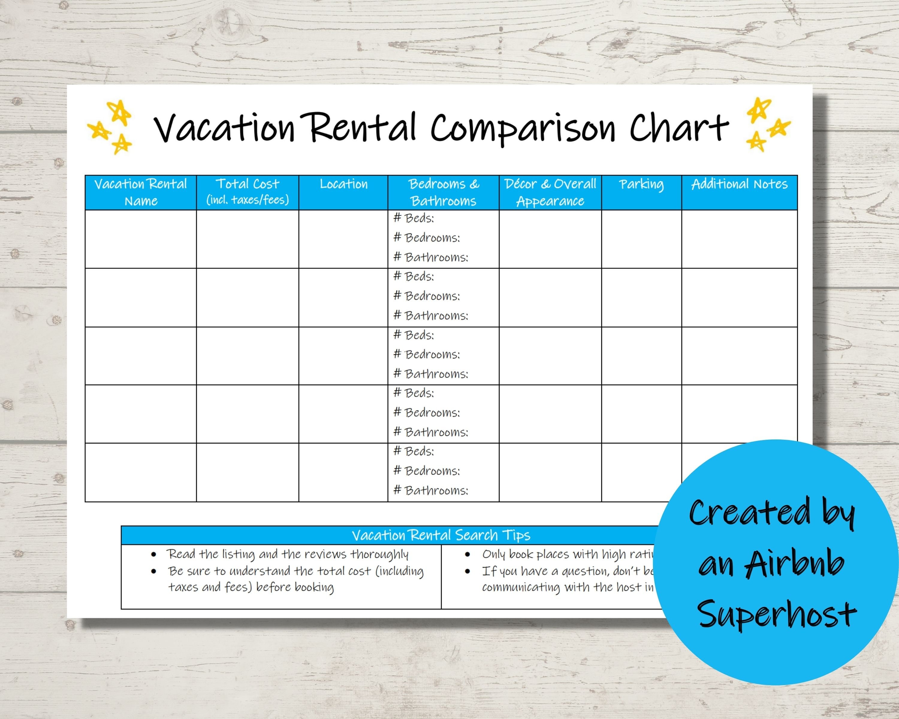 Vacation Rental Comparison Chart | Printable & Fillable PDF | Travel ...