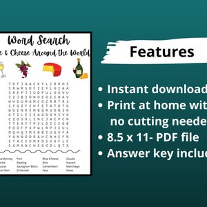 Wine & Cheese Word Search Printable | Wine Games | Travel Theme ...