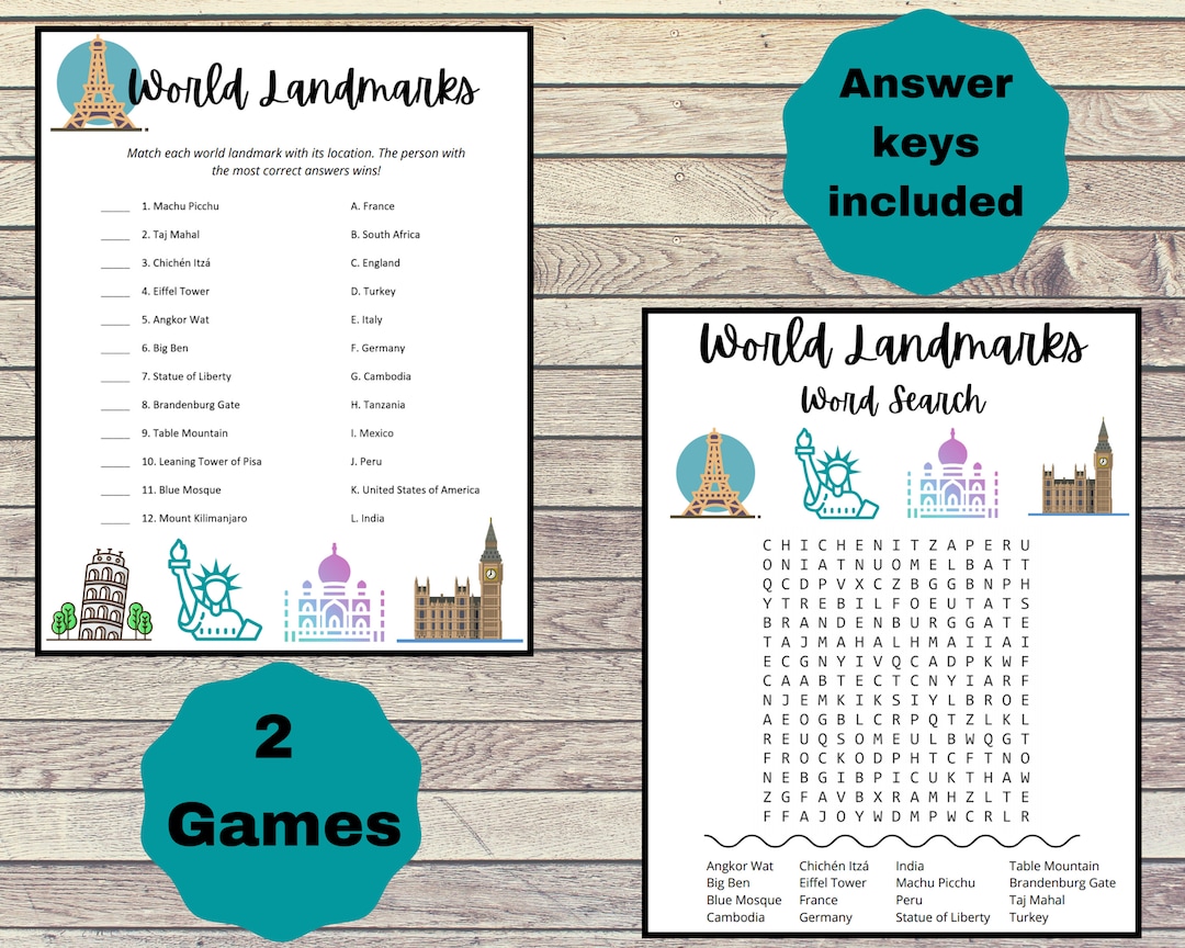 World Landmarks Printable Bundle | Word Search | Matching Game | Around ...