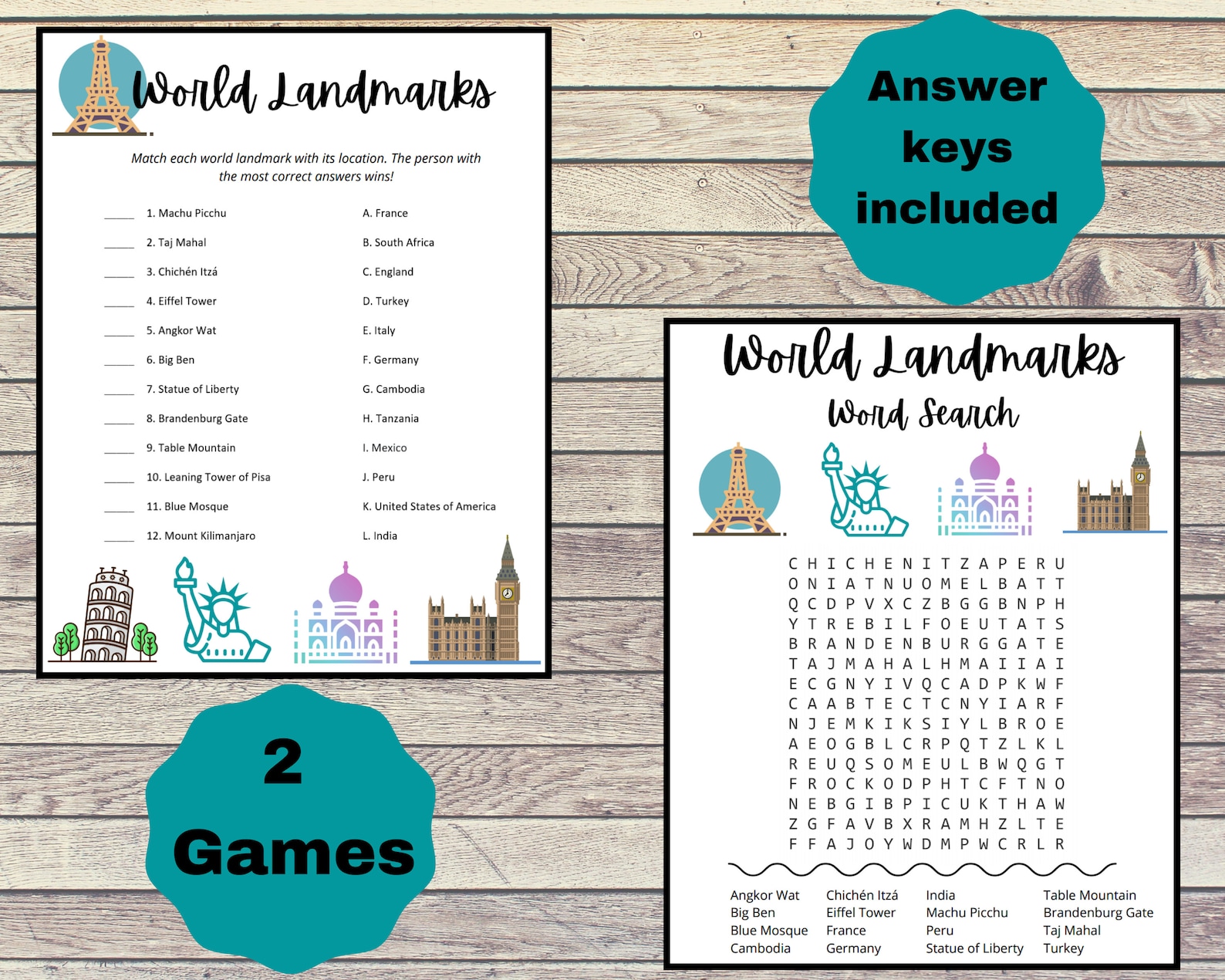World Landmarks Printable Bundle | Word Search | Matching Game | Around ...