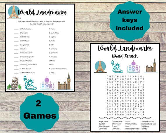 World Landmarks Printable Bundle Word Search Matching Game | Etsy