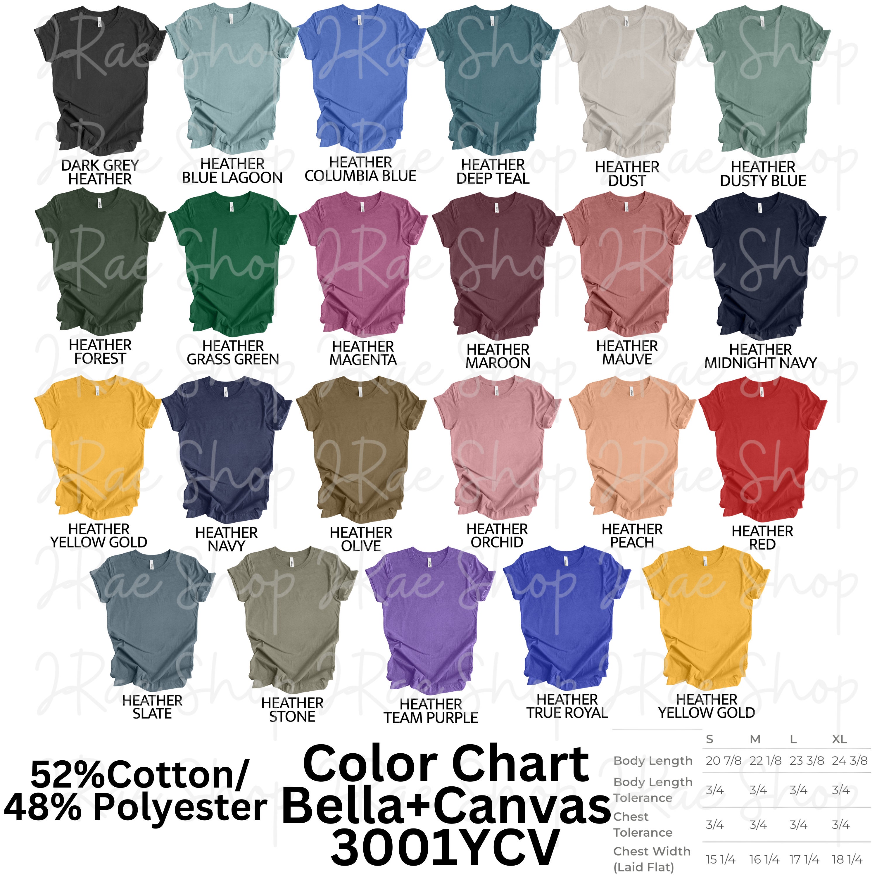 Bella+canvas 3001CVC 3001YCV 3001T Color & Chart Size Chart Bleach ...