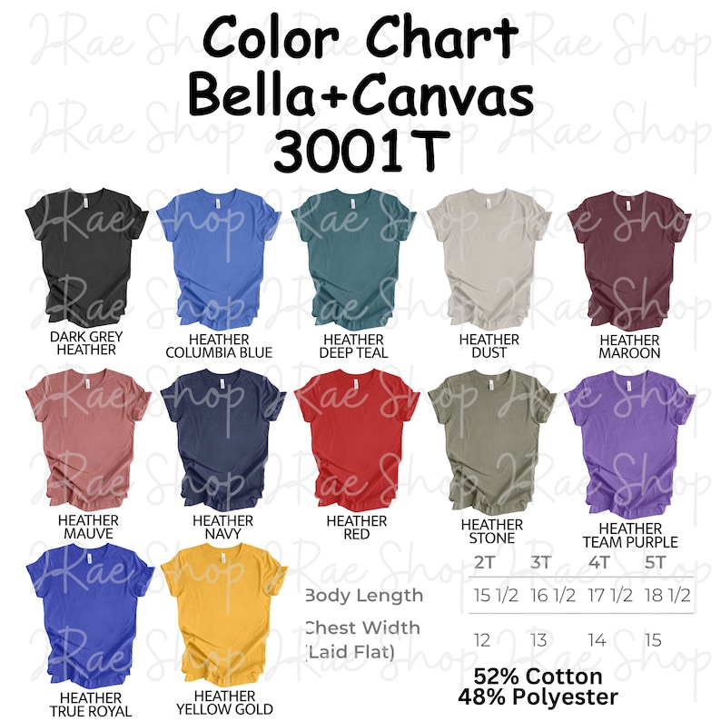 Bella+canvas 3001CVC 3001YCV 3001T Color & Chart Size Chart Bleach ...
