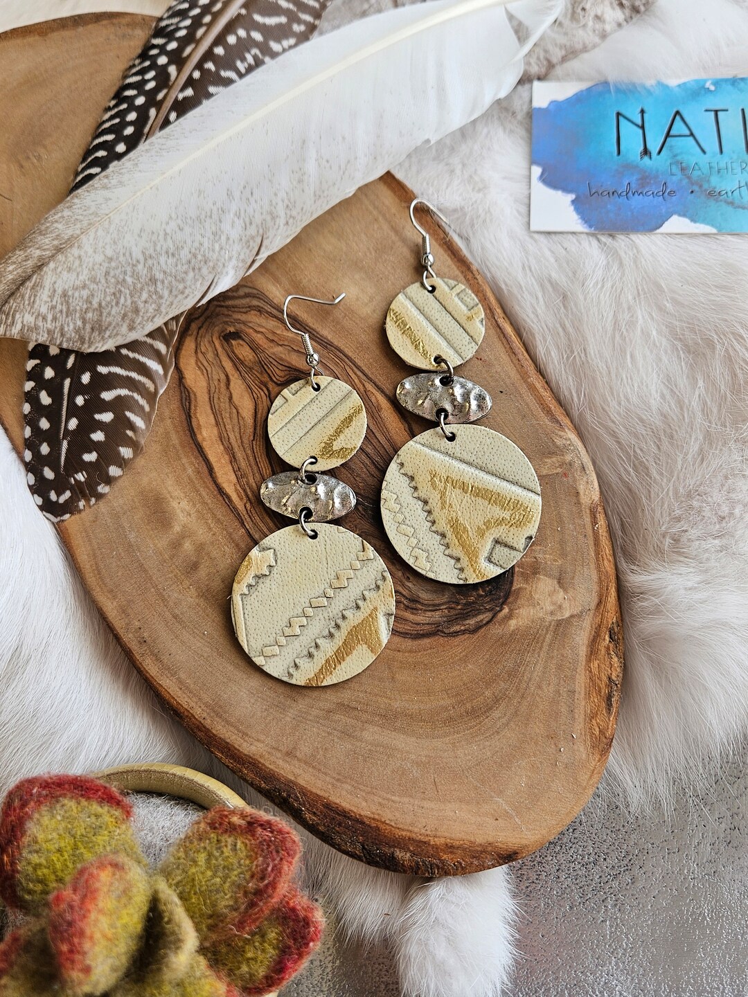 Muted Gold & Cream Hand Cut Leather Earrings Silver Accents - Etsy