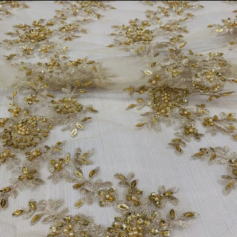 Gold Beaded Bridal Lace, Gold Embroidered Lace, Gold Lace With Beads ...