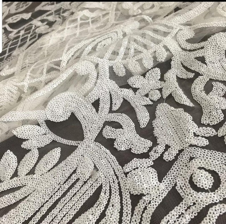Off White Sequined Lace Fabric by the Yard, Bridal Sequins Lace ...