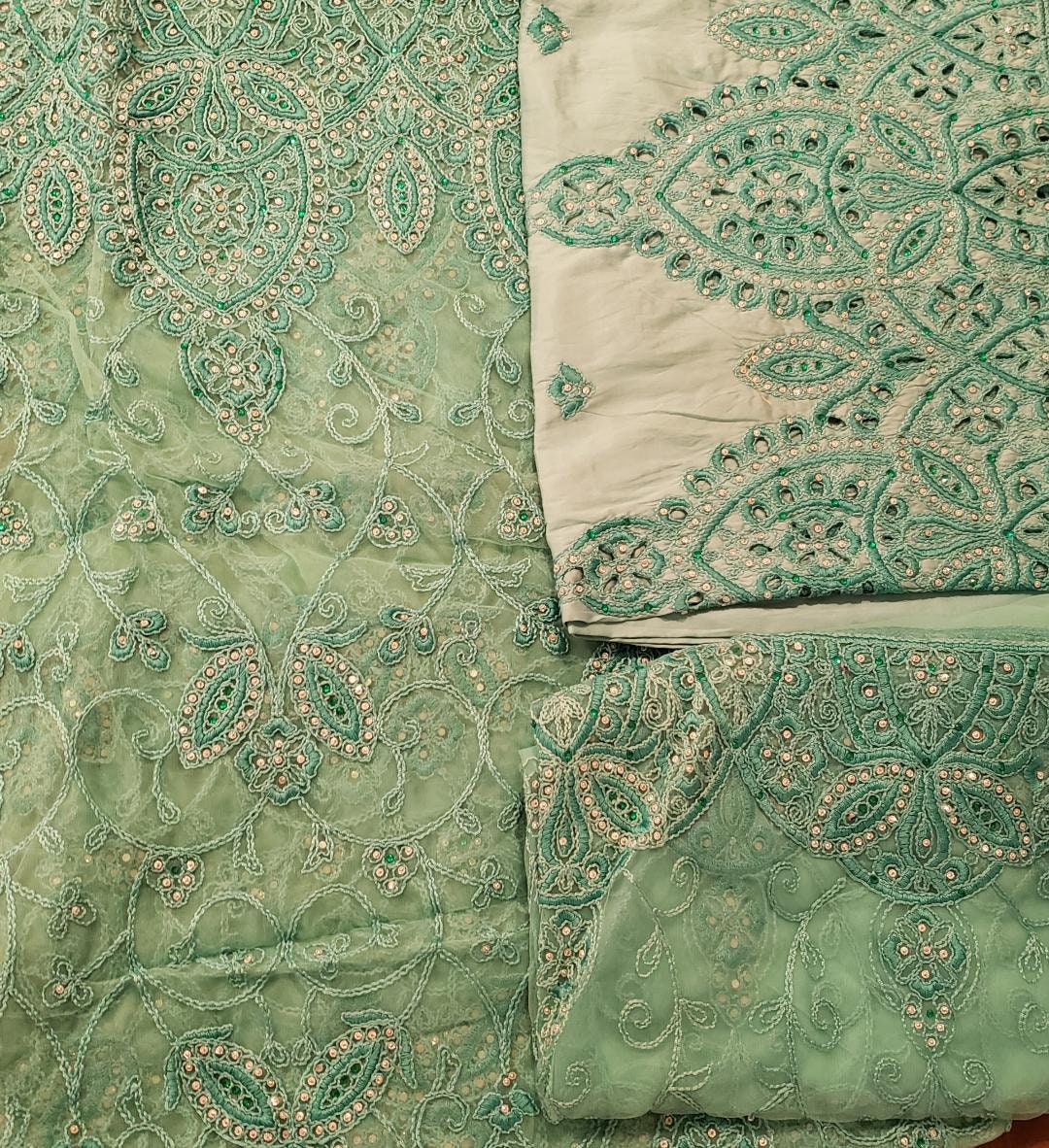 Indian George Fabric, Teal Green Embroidered 3 Piece Fabric With ...