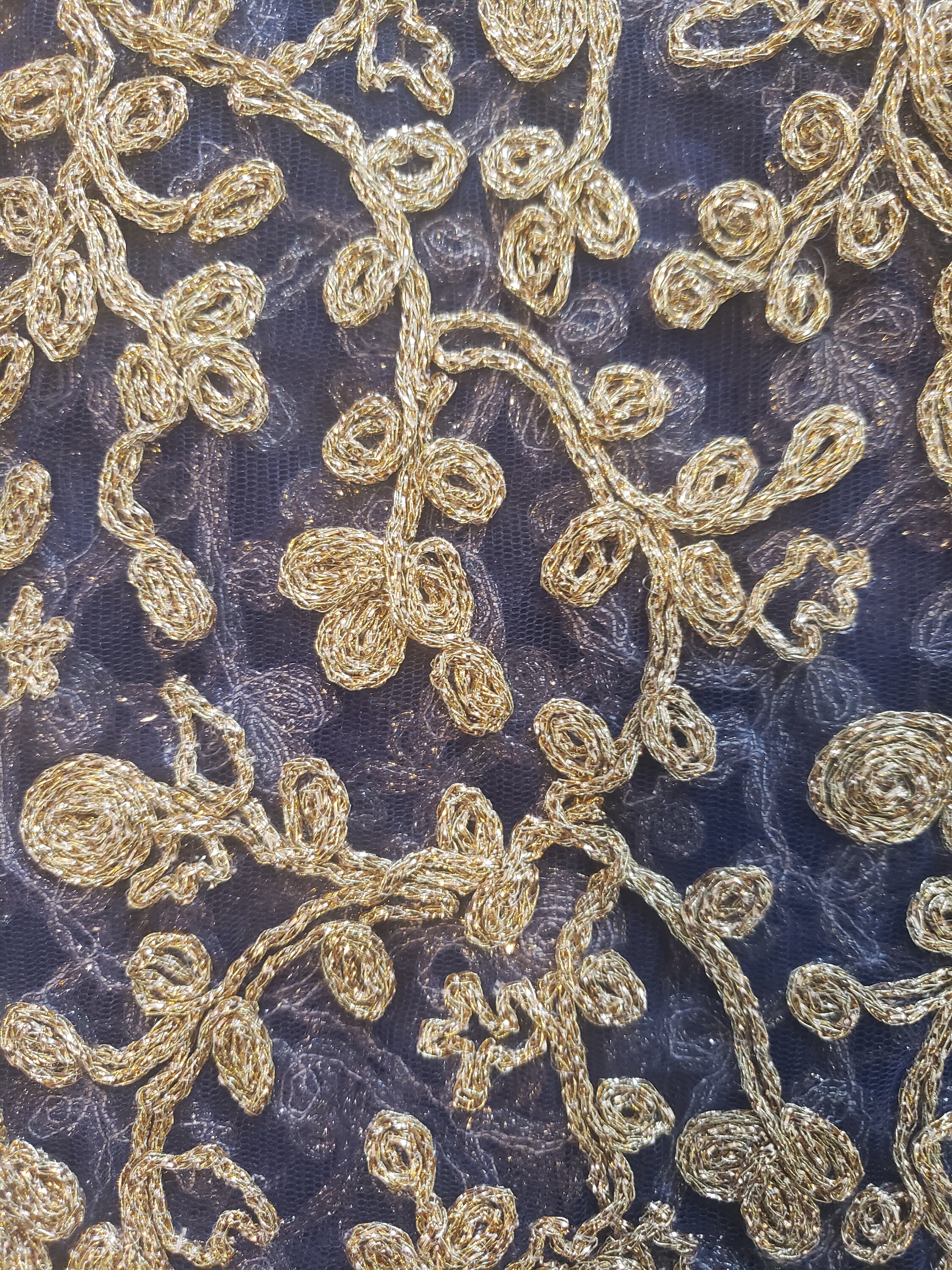 Navy Blue Mesh Fabric, Gold Embroidery Mesh Fabric, Mesh Fabric ...