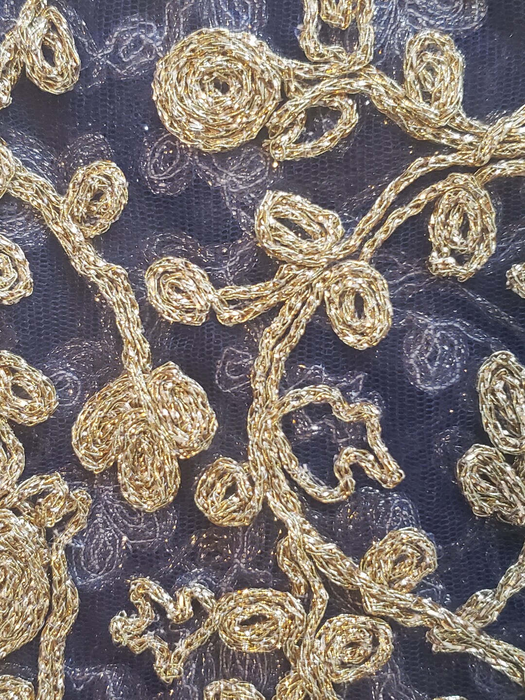 Navy Blue Mesh Fabric, Gold Embroidery Mesh Fabric, Mesh Fabric ...