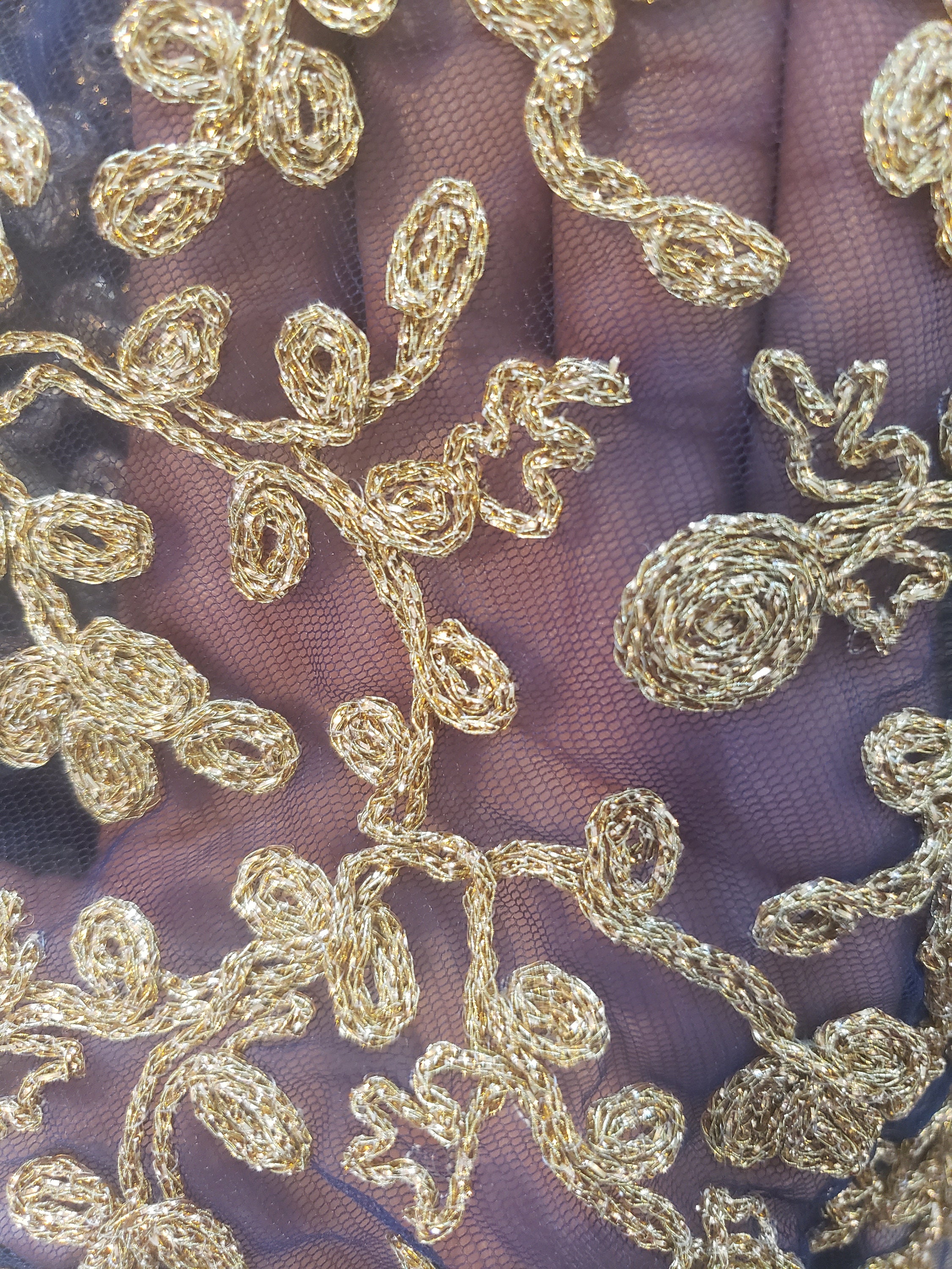 Navy Blue Mesh Fabric, Gold Embroidery Mesh Fabric, Mesh Fabric ...