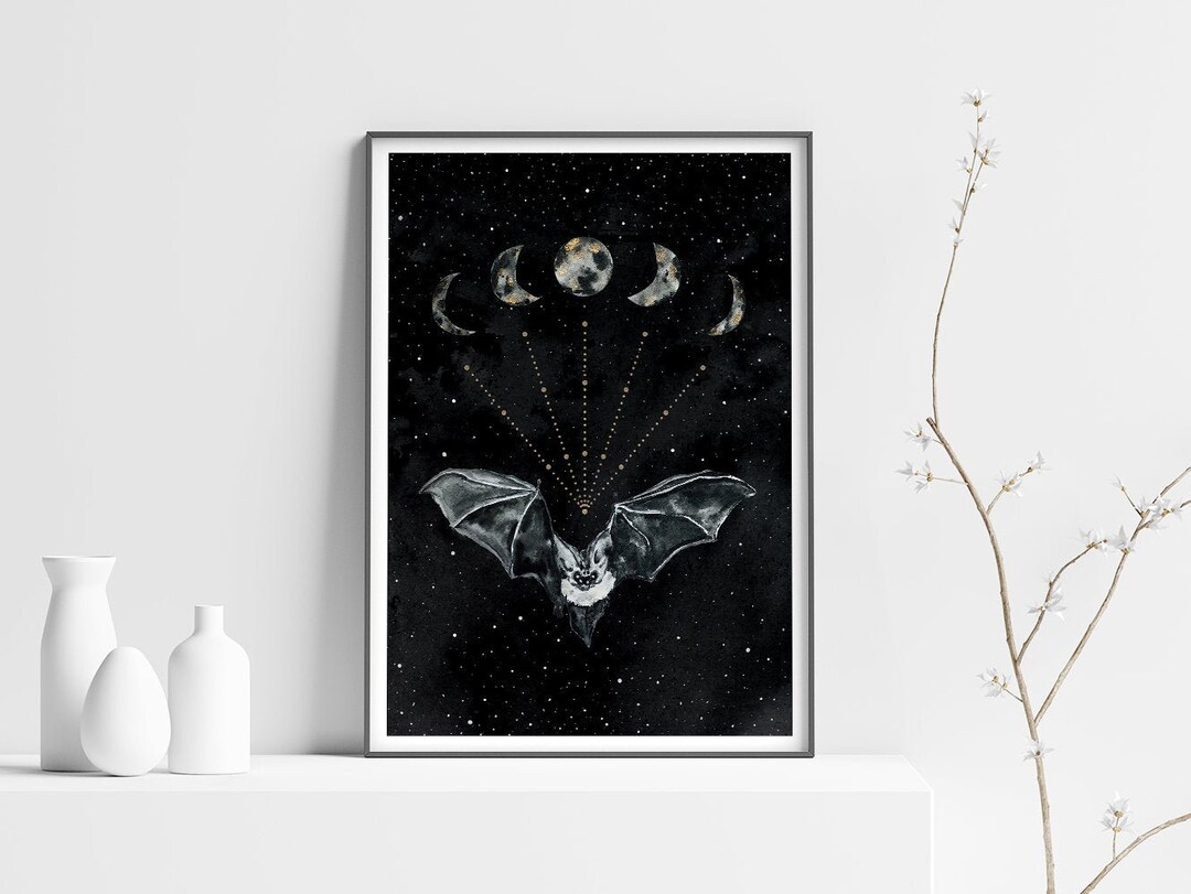 Printable Bat and Moon Phases Art Print, Bat Wall Art in Black and Gold ...