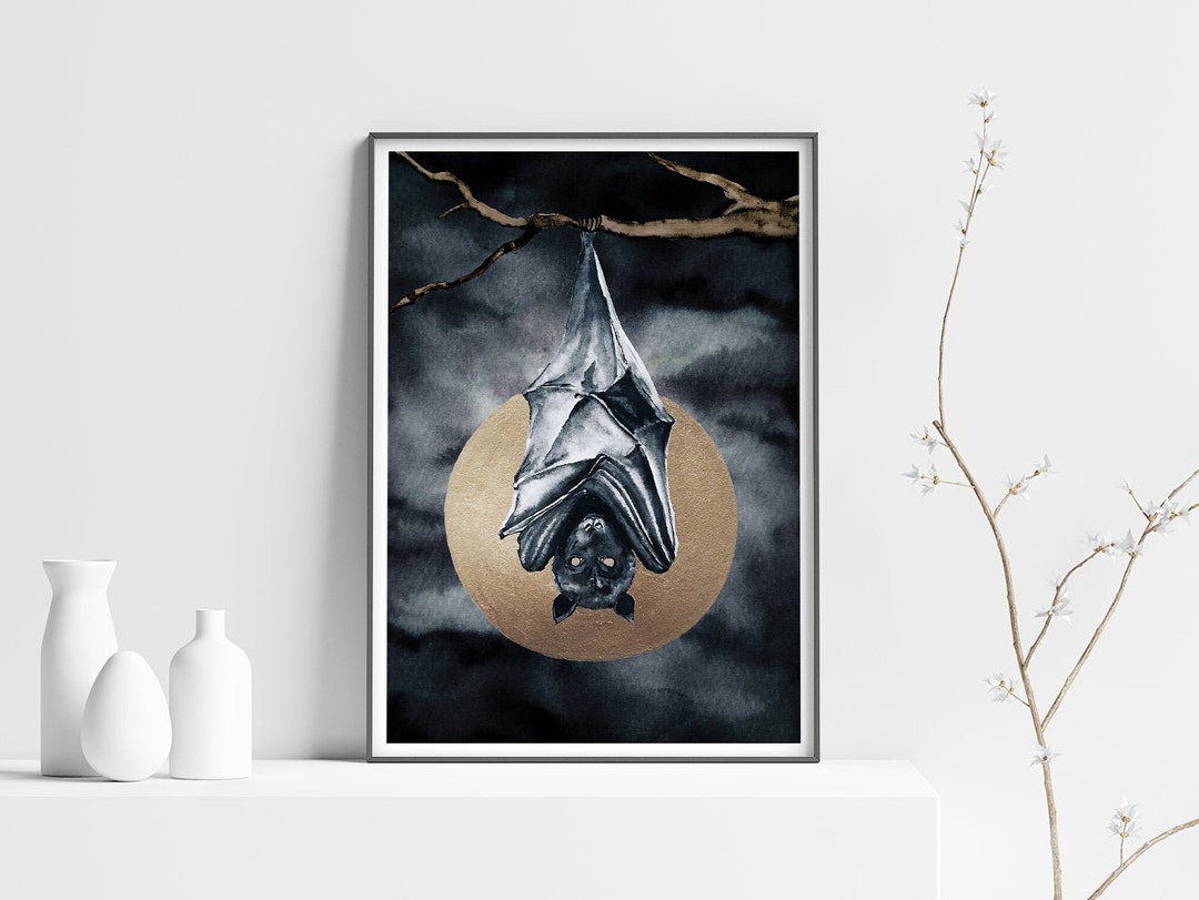 Printable Bat and Moon Art Print in Blue and Gold for Celestial and ...