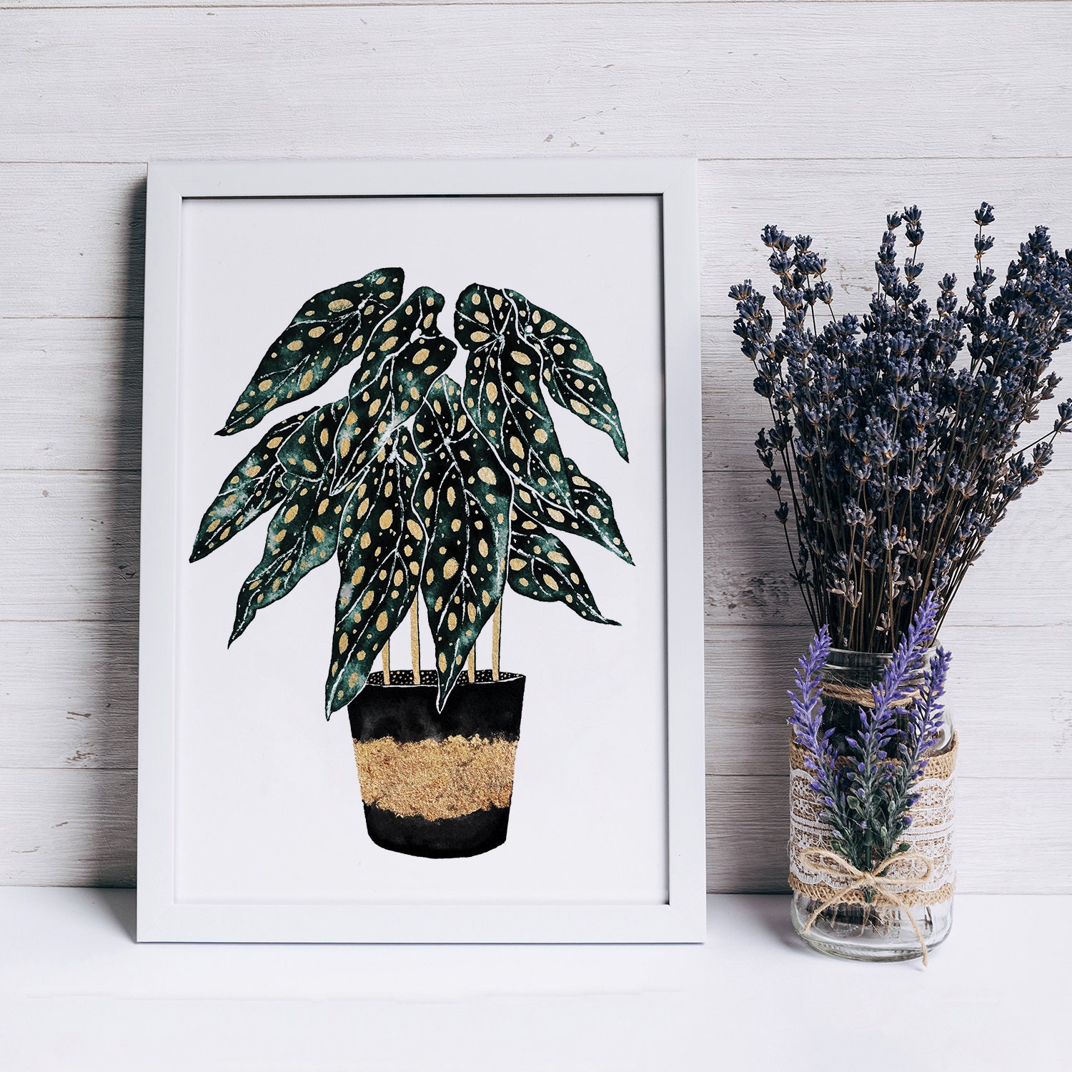 Botanical Print, Printable Begonia Plant Art Print in Green and Gold ...