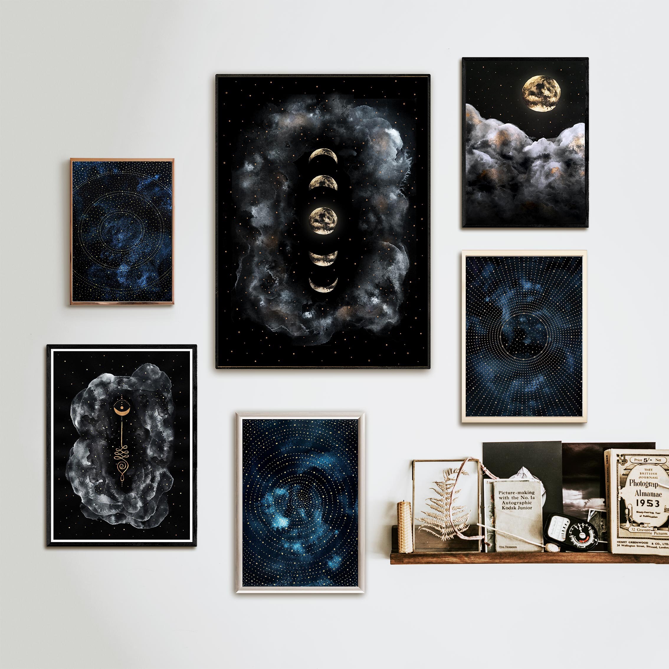 Printable Moon Phases Print in black and gold watercolors for | Etsy