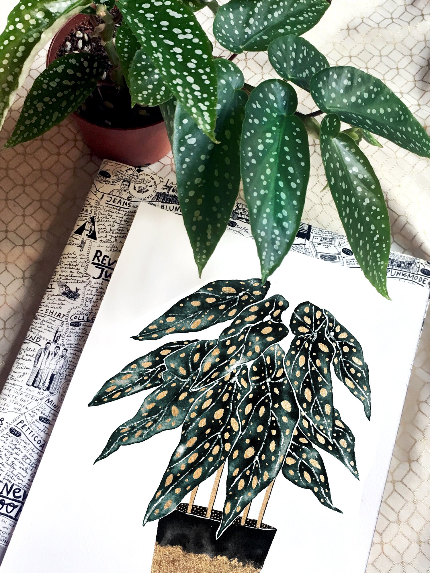 Botanical Print, Printable Begonia Plant Art Print in Green and Gold ...