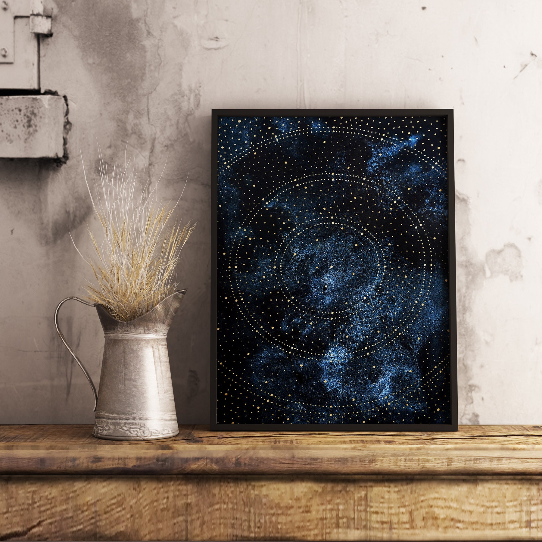 Printable Celestial Art Print in indigo blue and gold of | Etsy