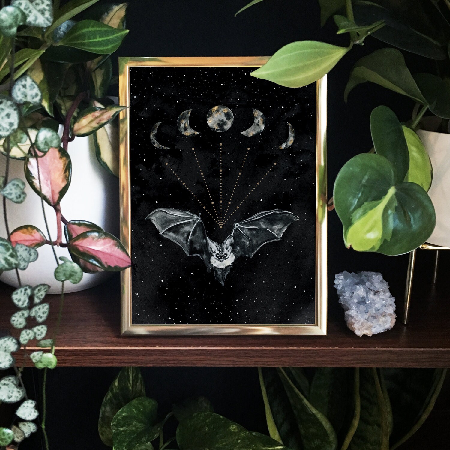 Printable Bat and Moon Phases Art Print, Bat Wall Art in Black and Gold ...