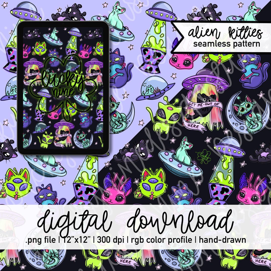 Alien Kitty Seamless Pattern: Printable PNG Digital Download - Etsy