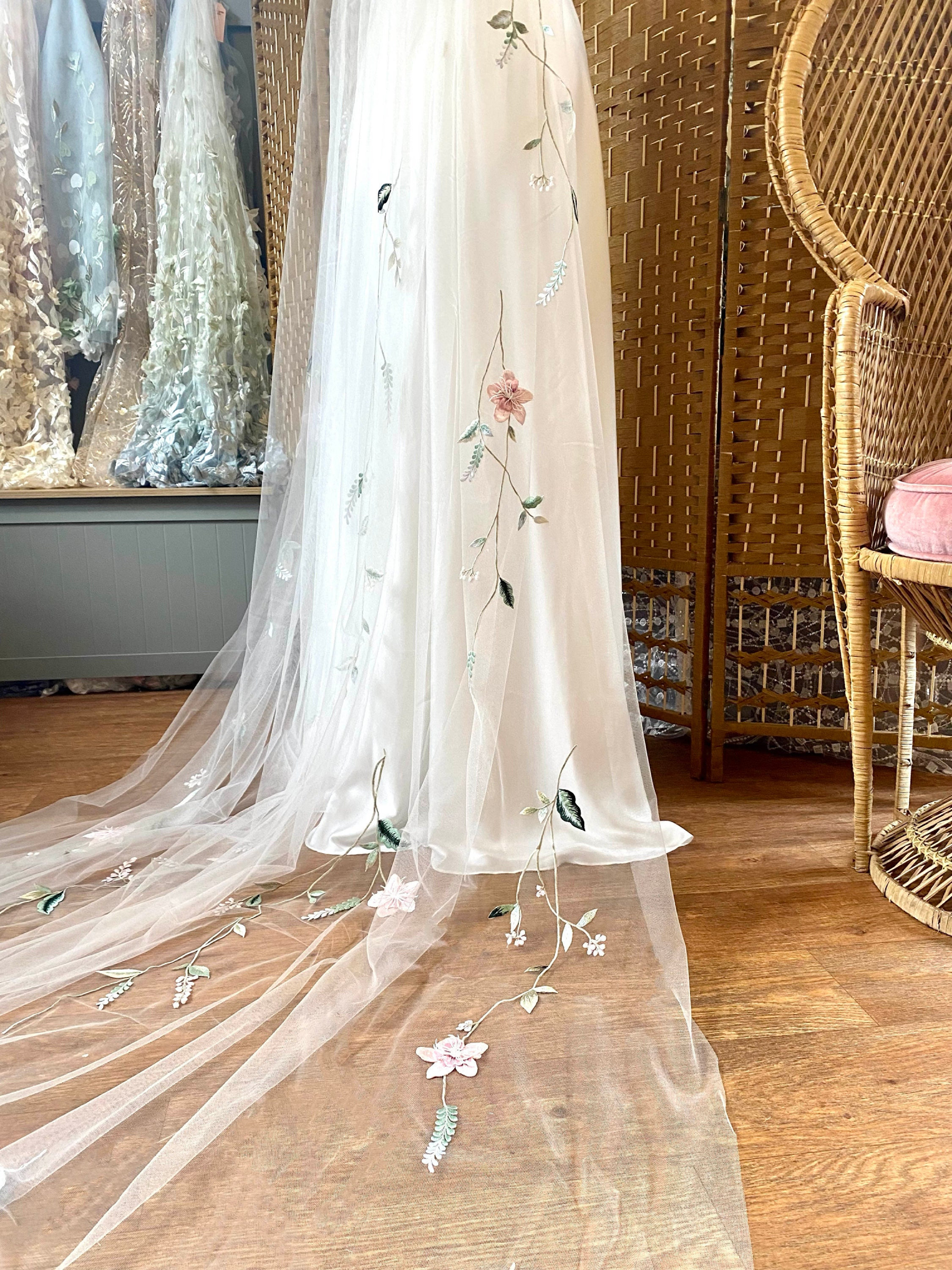 ORCHID Embroidered Flower and Trailing Vine Wedding Veil. | Etsy