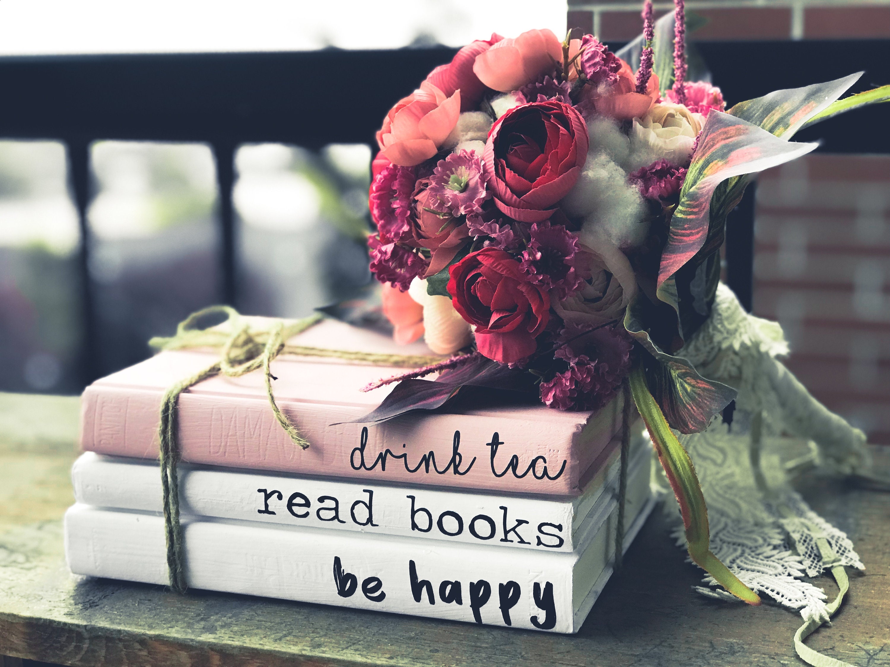 Blush quote book stack/ book lover gift/ library decor/ tea | Etsy