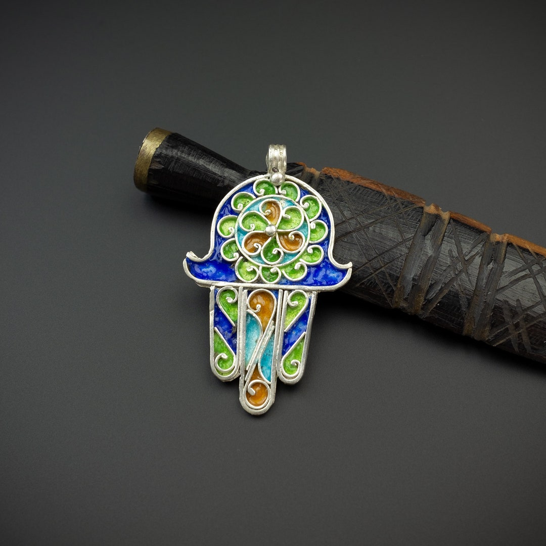 Moroccan Hamsa (khamsa) Pendant, Silver Hamsa Amulet, Enamel Pendant ...
