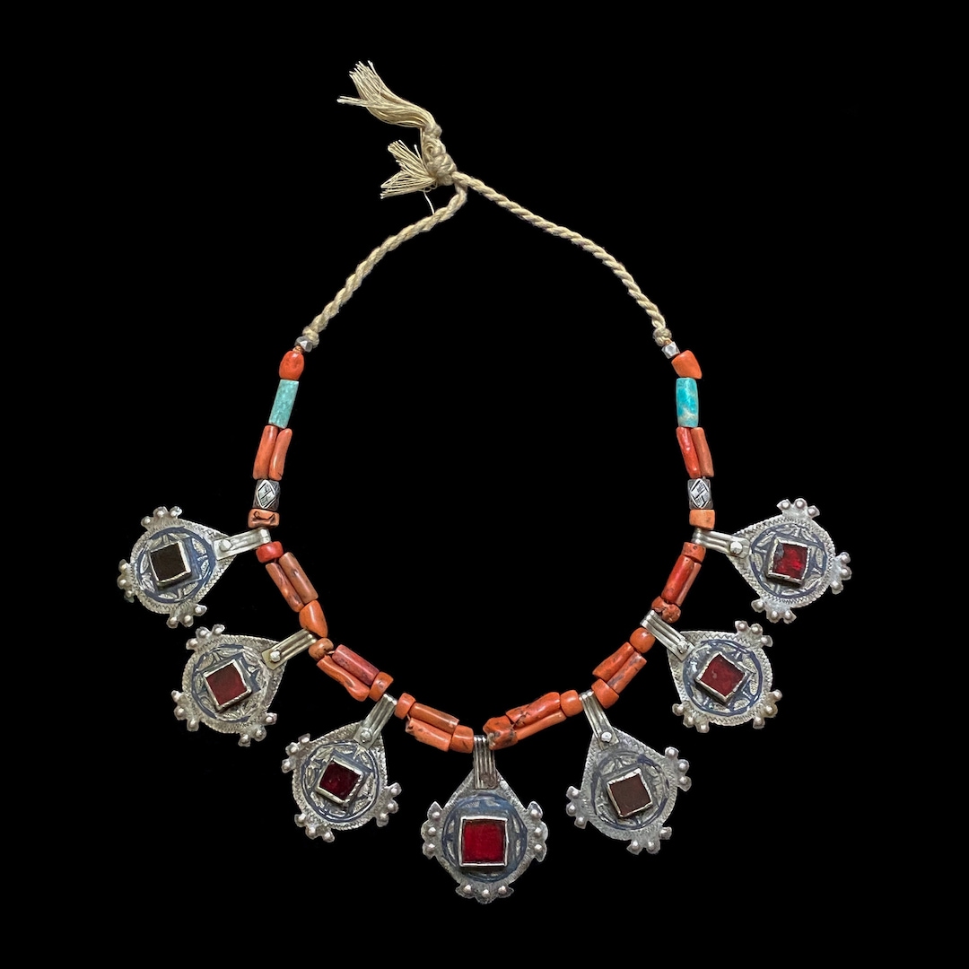 Vintage Moroccan Berber Necklace, Old Silver, Coral, Amazonite & Glass ...
