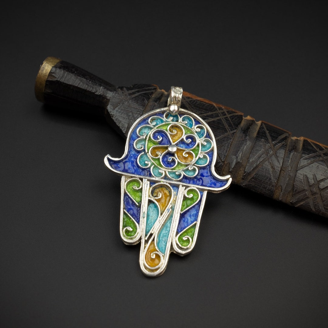Moroccan Hamsa (khamsa) Pendant, Silver Hamsa Amulet, Enamel Pendant ...
