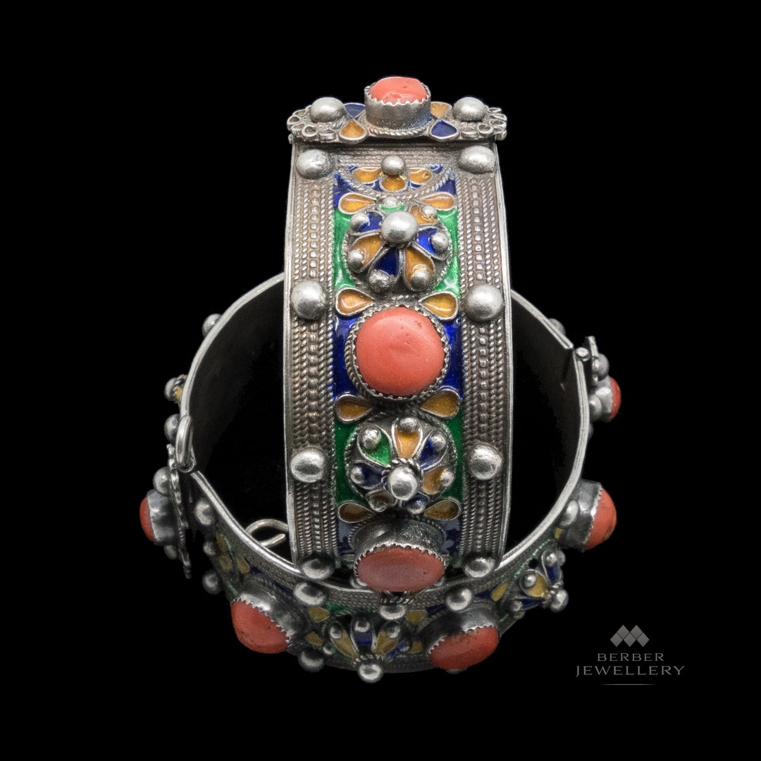 Old Kabyle Bracelets pair, Silver, Enamel & Coral Bracelets, Beni Yenni ...