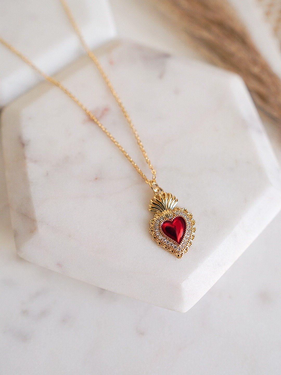 Sacred Heart Necklace: Red & Gold Religious Pendant, 18K Gold Filled - Etsy