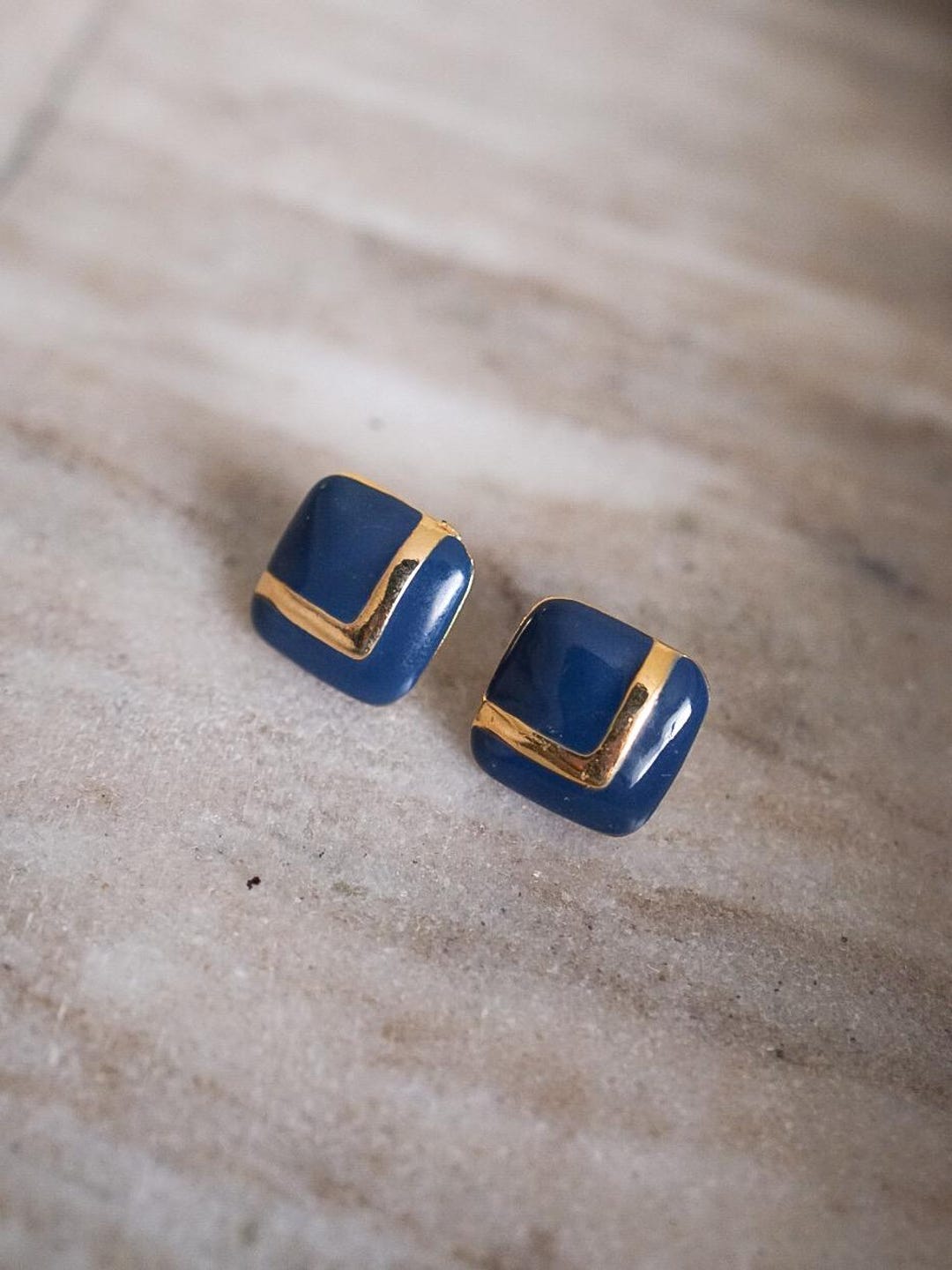 Vintage FABERGE Blue and Gold Stud Earrings, 80s Blue Square Earrings ...