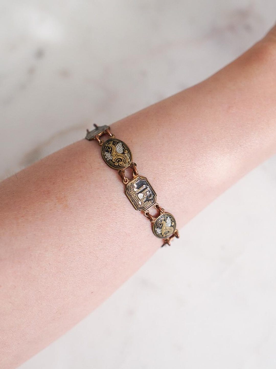 Vintage Spanish Damascene Black & Gold Link Bracelet, Mid-century ...