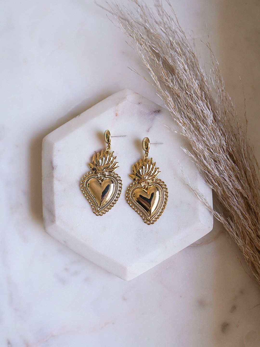 Gold Sacred Heart Earrings Flaming Heart Earrings Heart - Etsy
