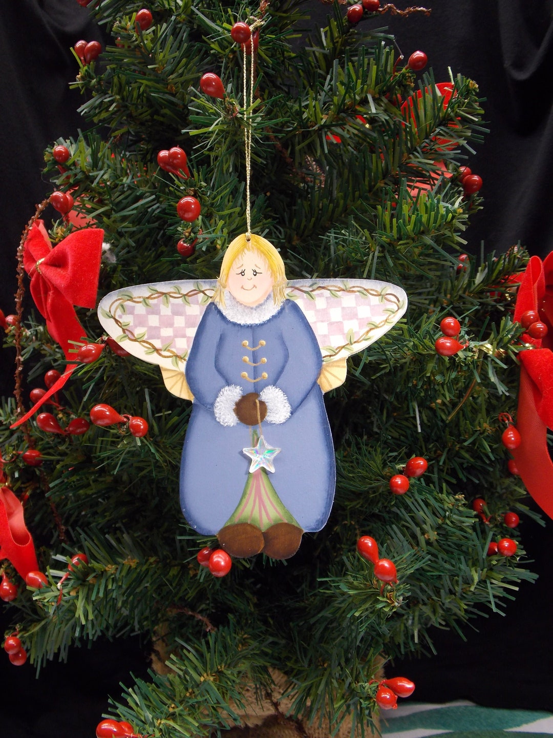 Angel, Wood, Primative, Hand Painted Wood Christmas Ornament-angel ...