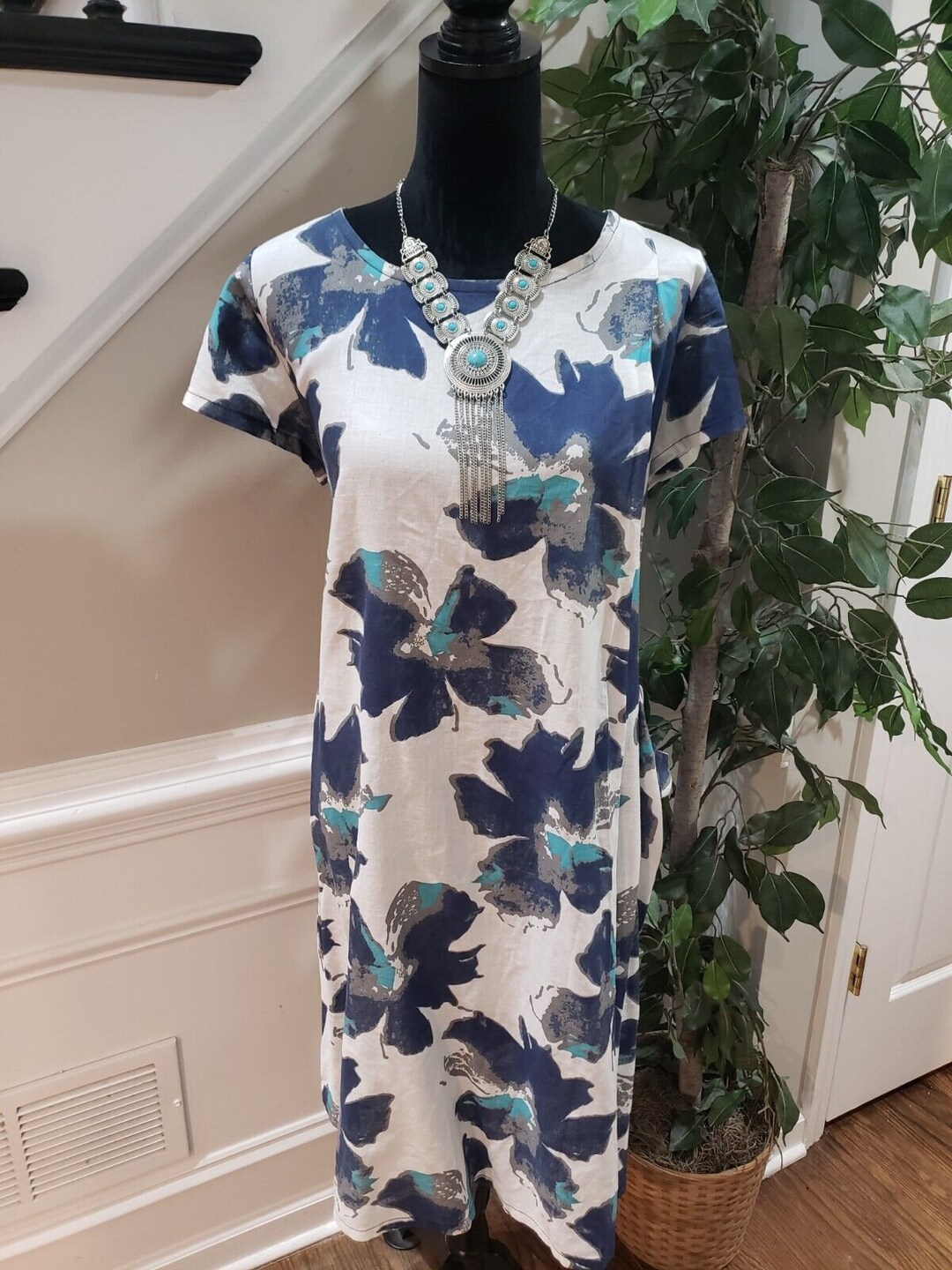 P. Luca Milano Womens White Floral Round Neck Short Sleeve Knee Length ...