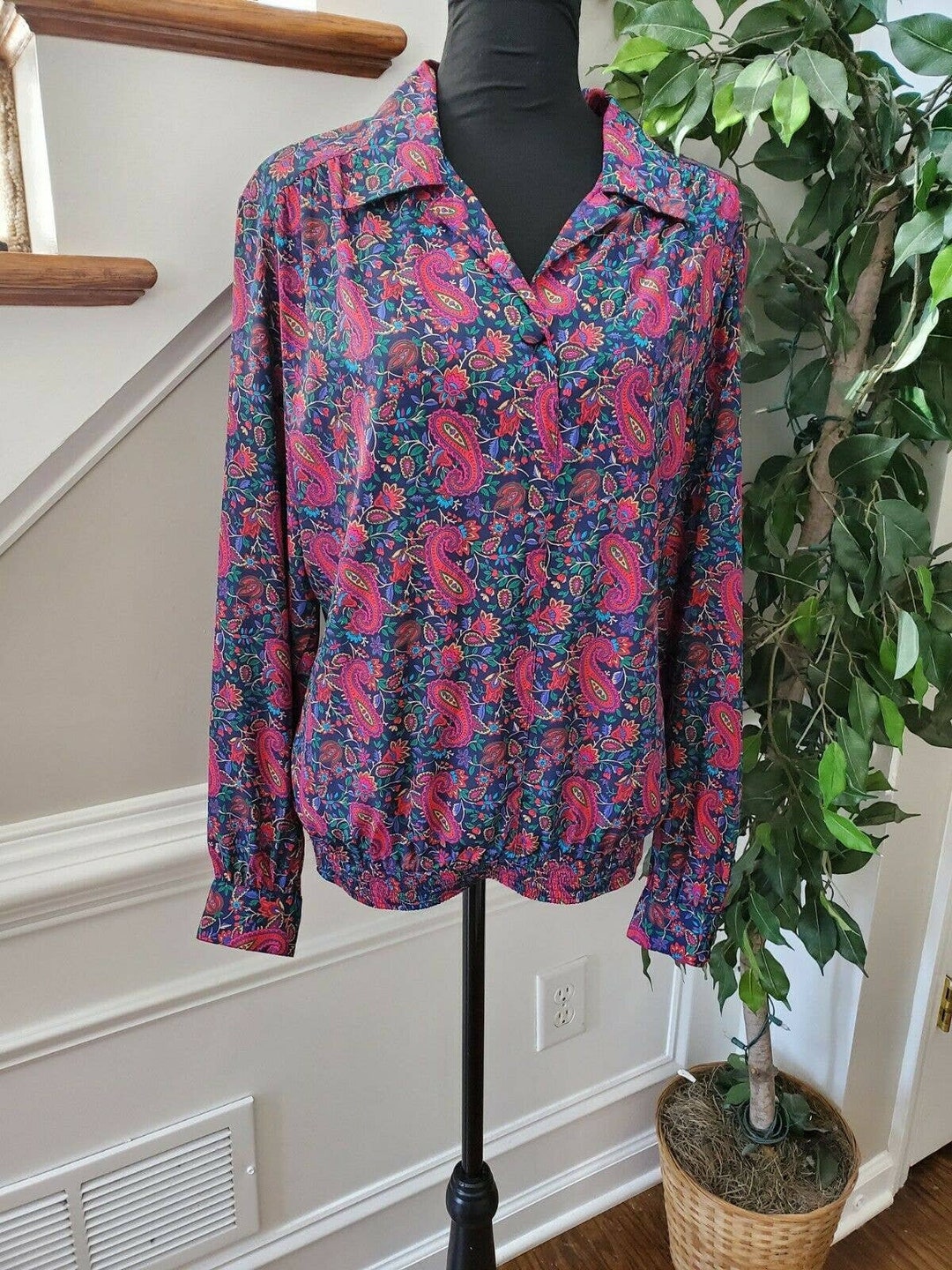 Vintage Koret Floral Multicolor Polyester Collared Long Sleeve Casual ...